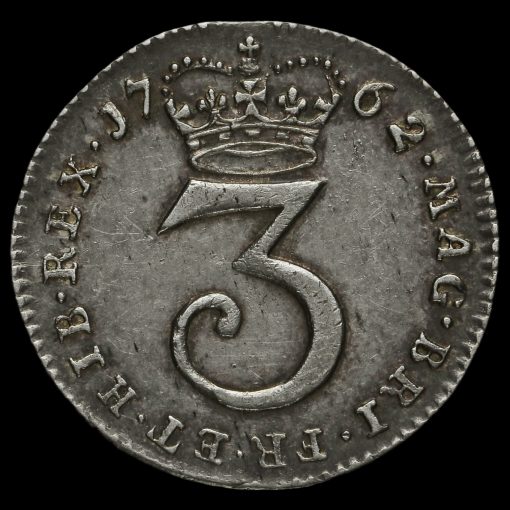 1762 George III Early Milled Silver Maundy Threepence, A/EF