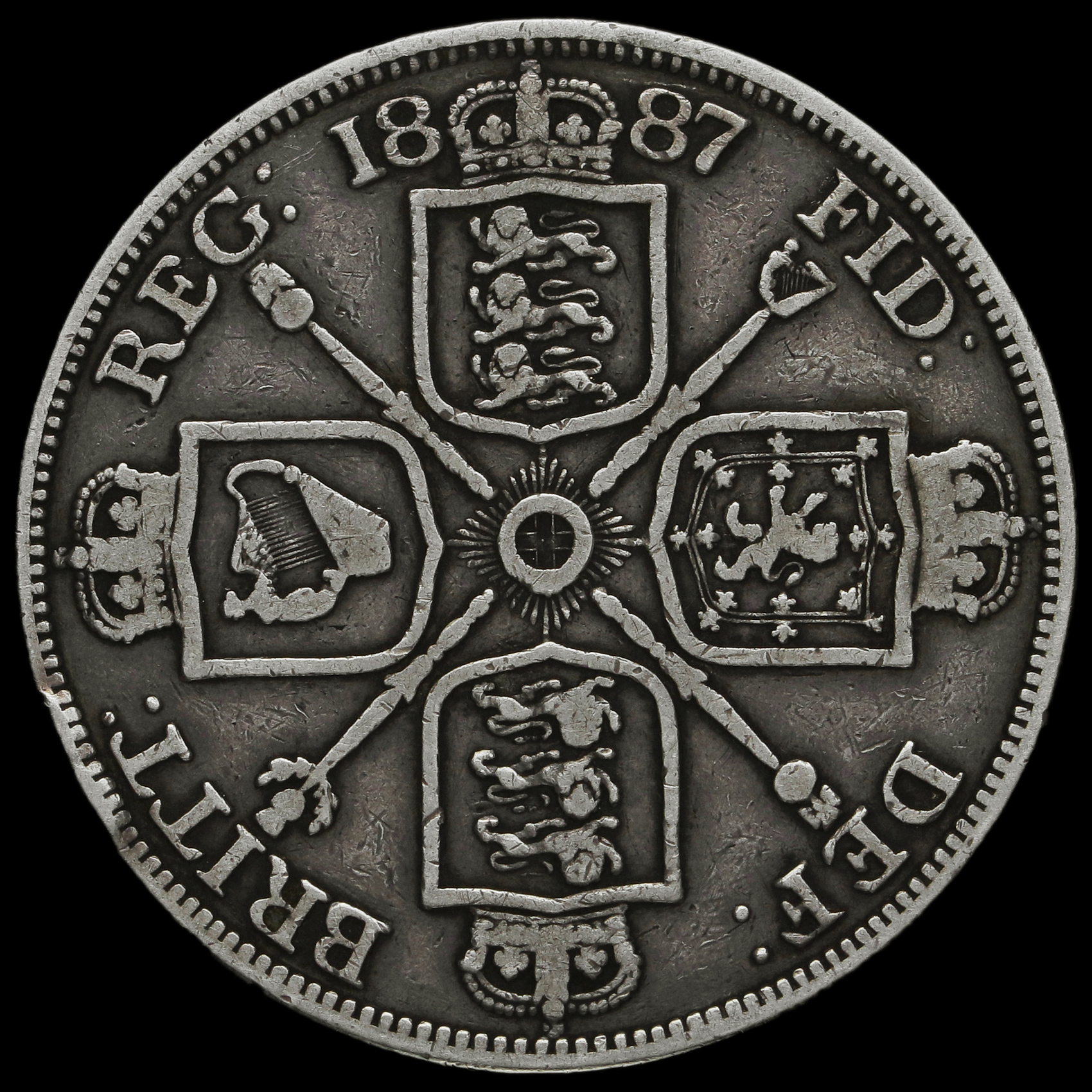 1887 Queen Victoria Jubilee Head Silver Double Florin, Roman One, GF
