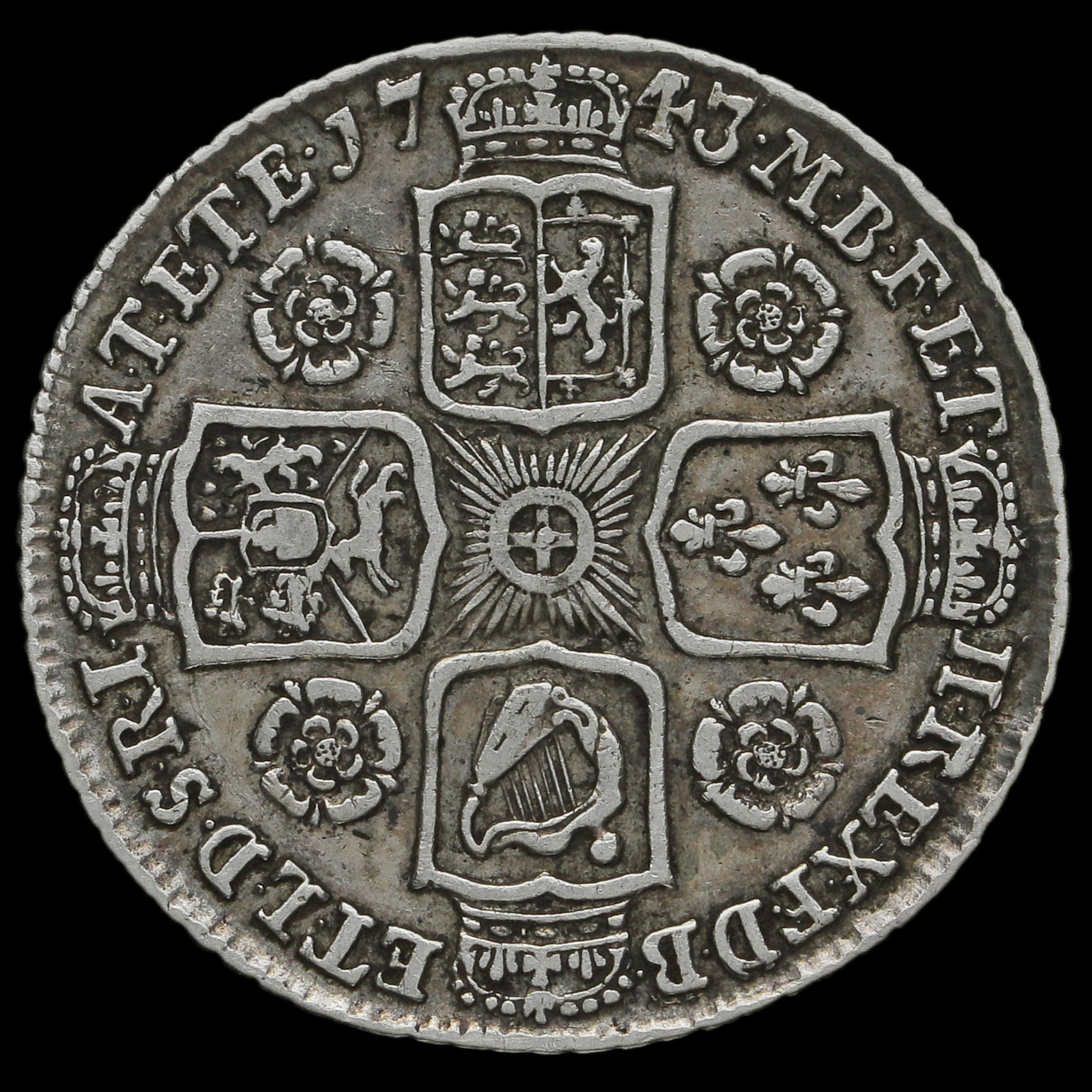 1743 George II Early Milled Silver Shilling, VF