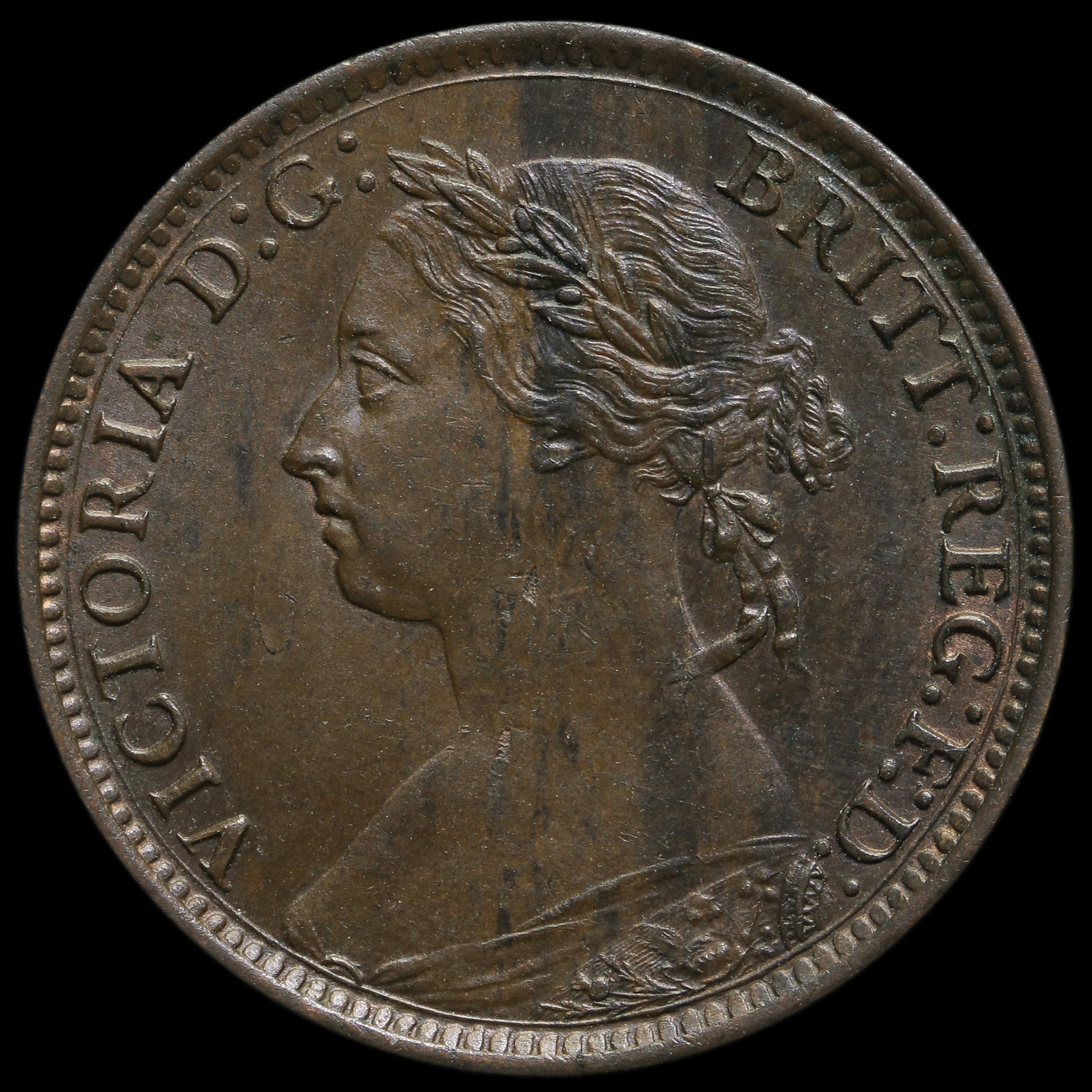 1886 Queen Victoria Bun Head Farthing, A/UNC
