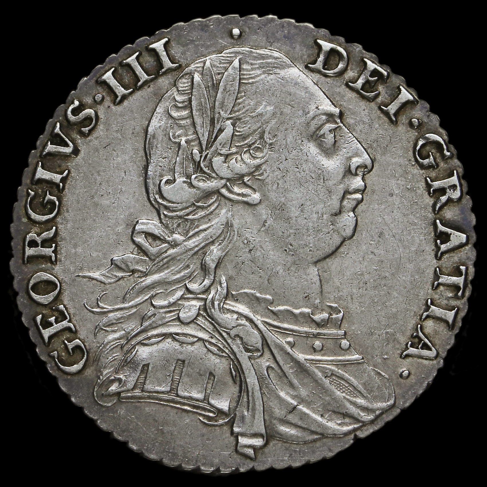 1787 George III Early Milled Silver Shilling, No Hearts, Near EF