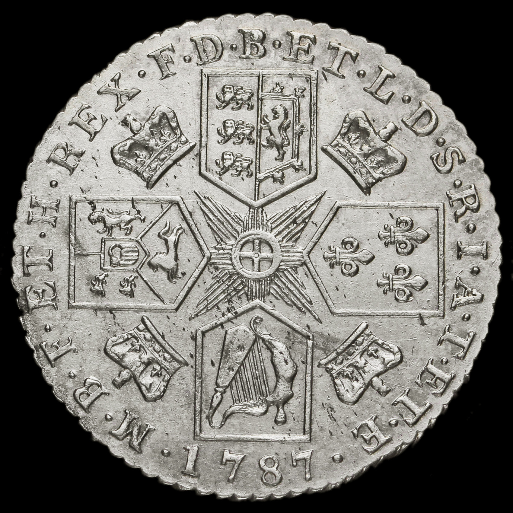 1787 George III Early Milled Silver Shilling, No Hearts, EF