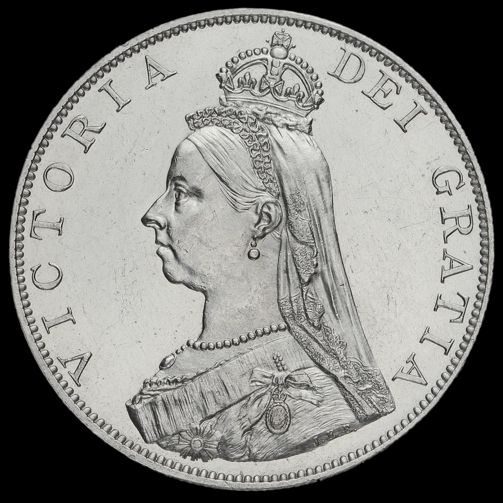 1887 Queen Victoria Jubilee Head Silver Double Florin, Arabic One, A/UNC